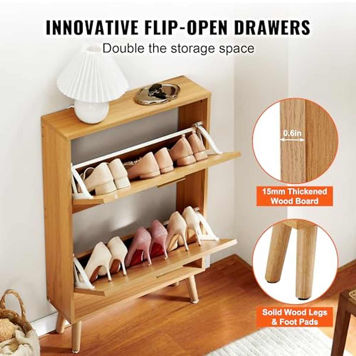 VEVOR Shoe Cabinet with 2 Flip Drawers, Shoe Storage Cabinet for Entryway, Free Standing Shoe Storage Organizer with Rattan Doors for Heels, Boots, Slippers in Hallway, Living Room