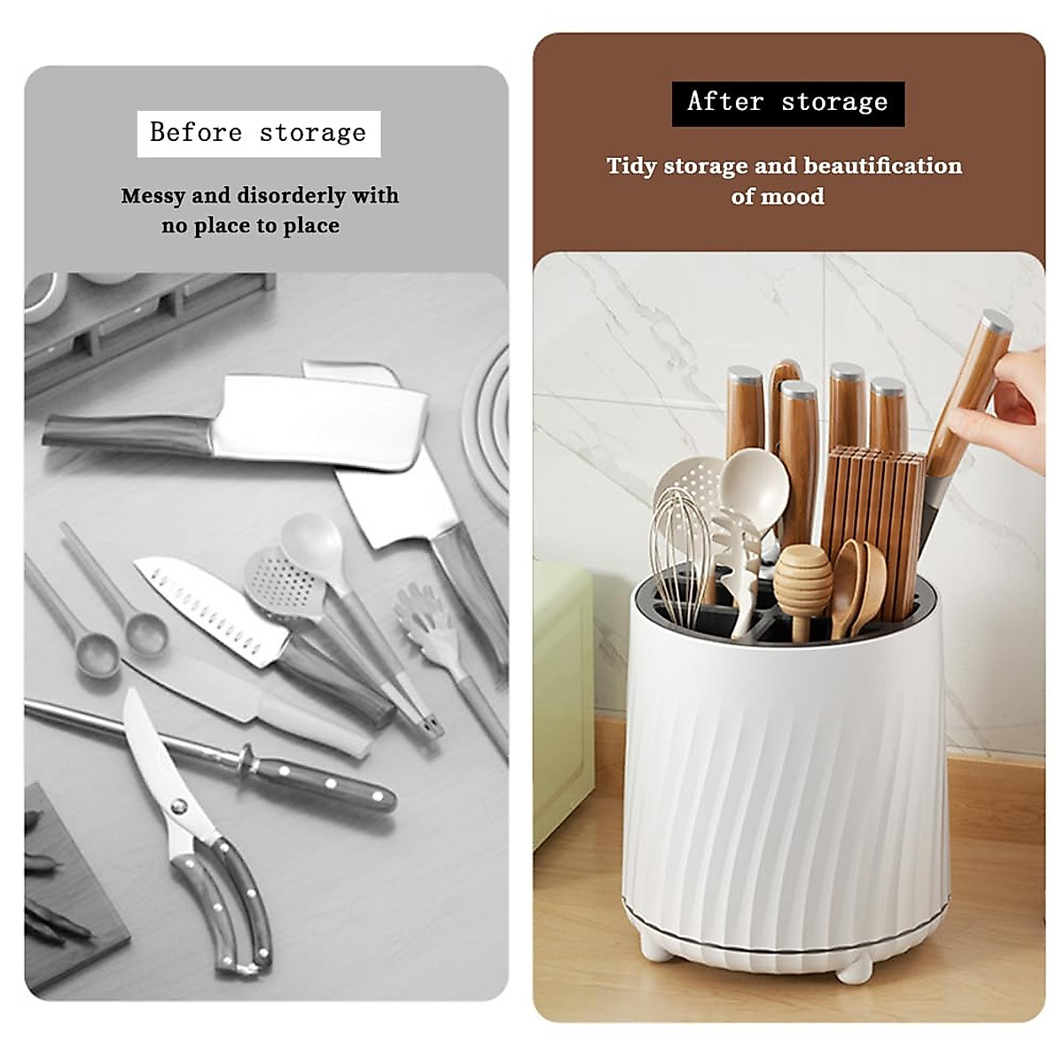 Elvaesther Chopstick Holder Rotary Knife Rack Multi-functional 360-degree Rotating Kitchen Knife Fork Rack Storage Box black white