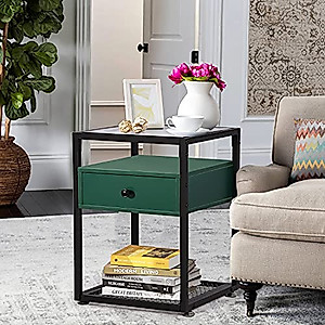 VECELO End Table, Modern Nightstand with Drawer, Night Stand Set of 2 for Bedroom Living Room,Tempered Glass, 2 Pack, Green