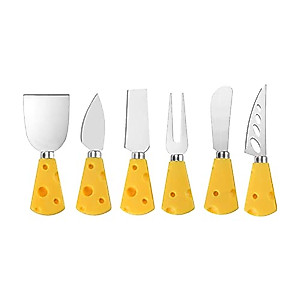 Cheese Knife Set of 6, Stainless Steel Small Cute Cheese Knives and Forks with Plastic Handle, Complete Stainless Steel Cheese Knives Collection for Family Gathering Christmas Wedding Party