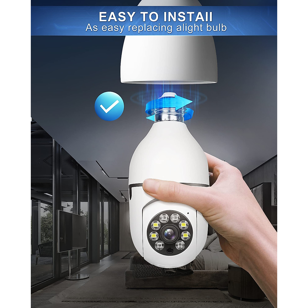 bluedery E27 360° Light Bulb Camera, 2.4GHz & 5G WiFi Security Cameras Wireless, 1080p Night Vision Home Security, Indoor Video Surveillance System, Motion Sensor Detection, Two-Way Audio-Talk