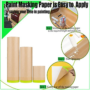 YUNXIHUI Masking Paper, 6 Rolls Automotive Paint Paper Roll with Tape, Assorted Sizes Tape and Drape, Masking Paper for Painting Car and Auto Body,Floor Protection, Wall Covering(6in 12in 18in)