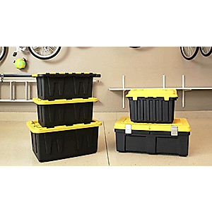HOMZ 27 Gallon Durabilt Tough Storage Container, Black Base, Yellow Lid, Stackable, 4-Pack
