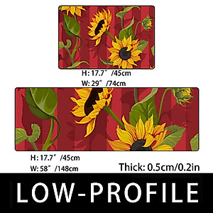 Kitchen Rug Sets 2 Piece Anti Fatigue Kitchen Mat Sunflowers Red Stripe Floor Runner Carpet Dining Room Washable Non Slip Home Sink Laundry Farmhouse Doormat 17"x58" +17"x29"