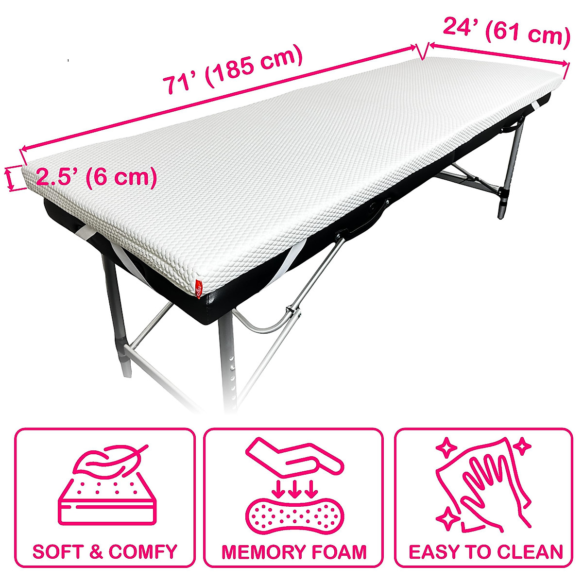 XOLLOZ Lash Bed Topper Memory Foam | 2.5in Thick Comfortable Mattress Topper for Lash Extension Table - with Four Corner Straps & Anti-Slip Bottom (White)