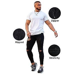 GINGTTO Skinny Fit Stretch Jeans for Men Destroyed Ripped Denim Jeans Black 30