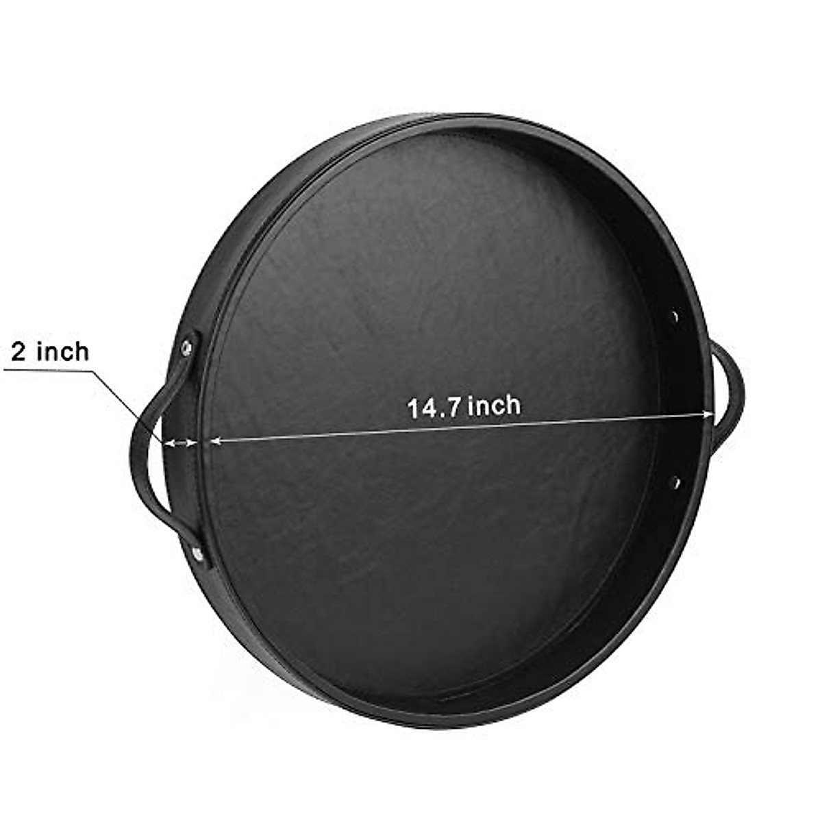 HofferRuffer PU Leather Round Tray, Serving Tray with Handles, Decorative Catchall Vanity Tray, Coffee Tray, Faux Leather Ottoman Tray for Home Or Office, Diameter 14.6-inch (Black)