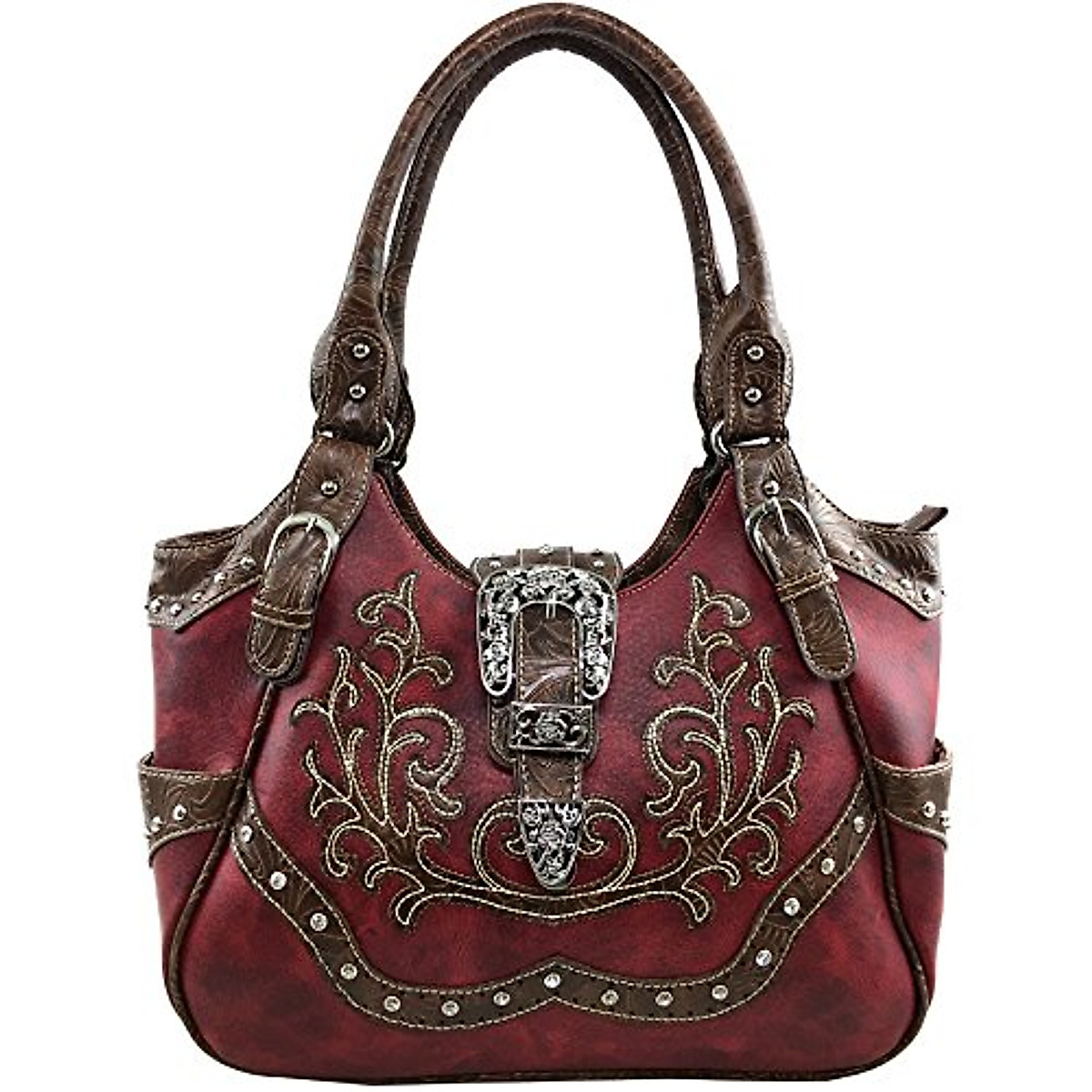 Justin West Tooled Laser Cut Leather Floral Embroidery Rhinestone Buckle Studded Shoulder Concealed Carry Tote Style Handbag Purse (Red Purse)