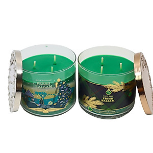 Bath & Body Works Fresh Balsam 3-Wick Candle Christmas 2023 2-pc Bundle – Limited Edition (Winter Village & Tree Branches Pattern), Green