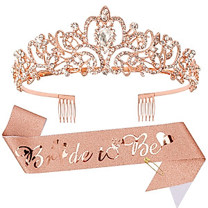 Bride To Be Sash & Bride Crown Kit, CIEHER Bridal Shower Decorations Rose Gold Bachelorette Party Decorations Queen Princess Crown for Women Girls, Bridal Tiara Gifts for Bride Crytal Crown and