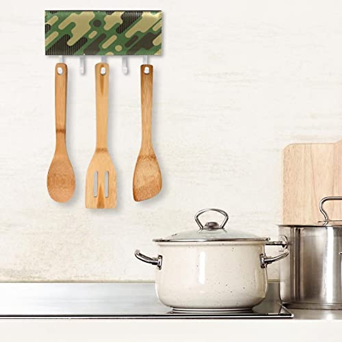 Camouflage Mail Holder Organizer and Key Hooks PU Front, Self Adhesive Key Rack with 5 Hooks Perfect for Entryway, Hallway，Bathroom ，Kitchen