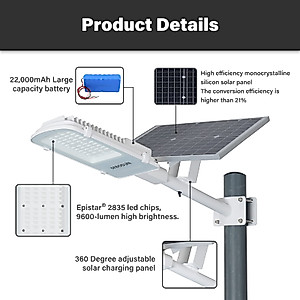 Gebosun Solar Street Light, 100W Outdoor Solar Led Street Lights, Work from Dusk to Dawn, 8600LM, 6000K, IP65 Waterproof, Wall-Mounted & Pole-Mounted for Pathway, Driveway, Swimming Pool, Garden