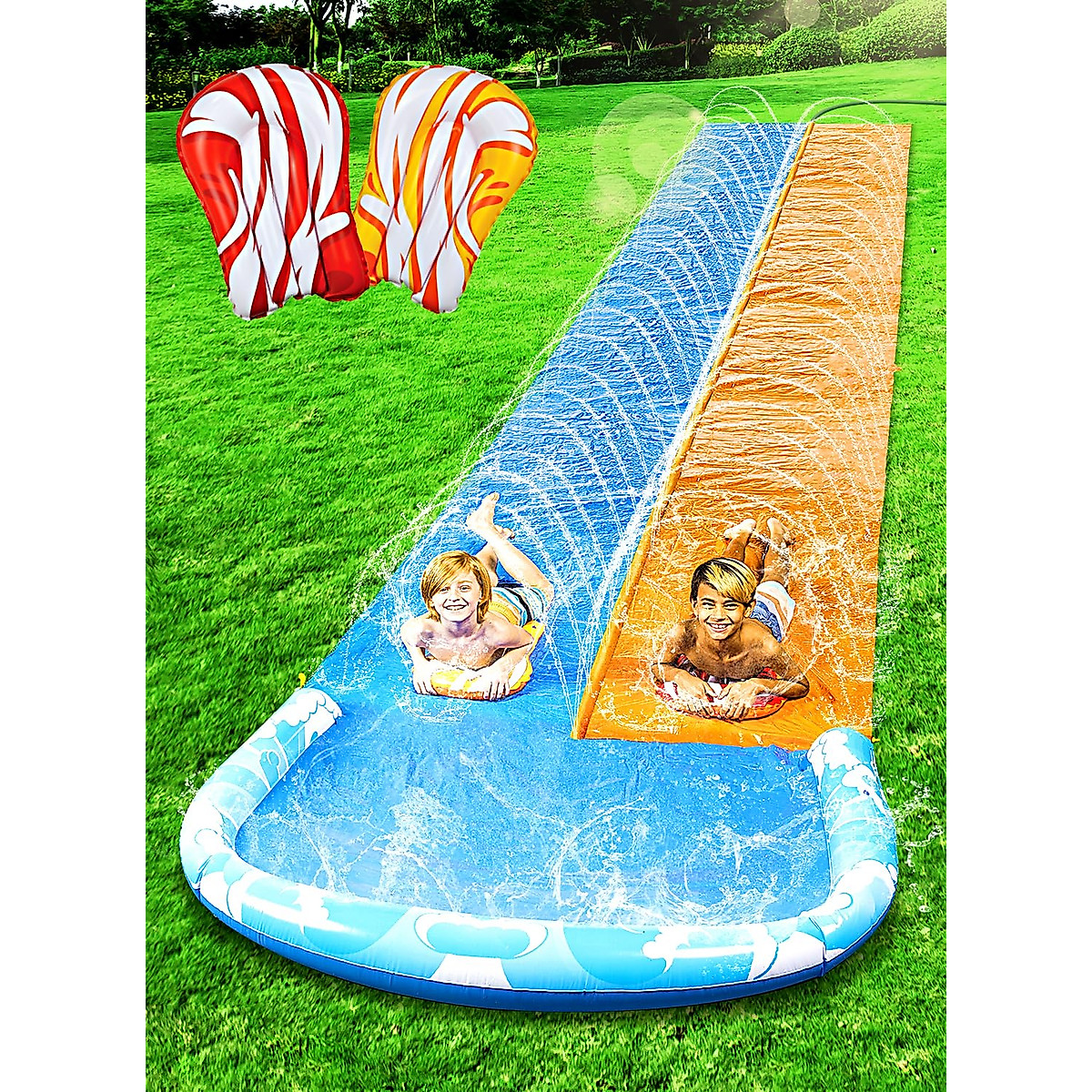 JOYIN 22.5ft Water Slides and 2 Bodyboards, Lawn Water Slide Summer Slip Waterslides Water Toy with Build in Sprinkler for Backyard Outdoor Water Fun for Kids