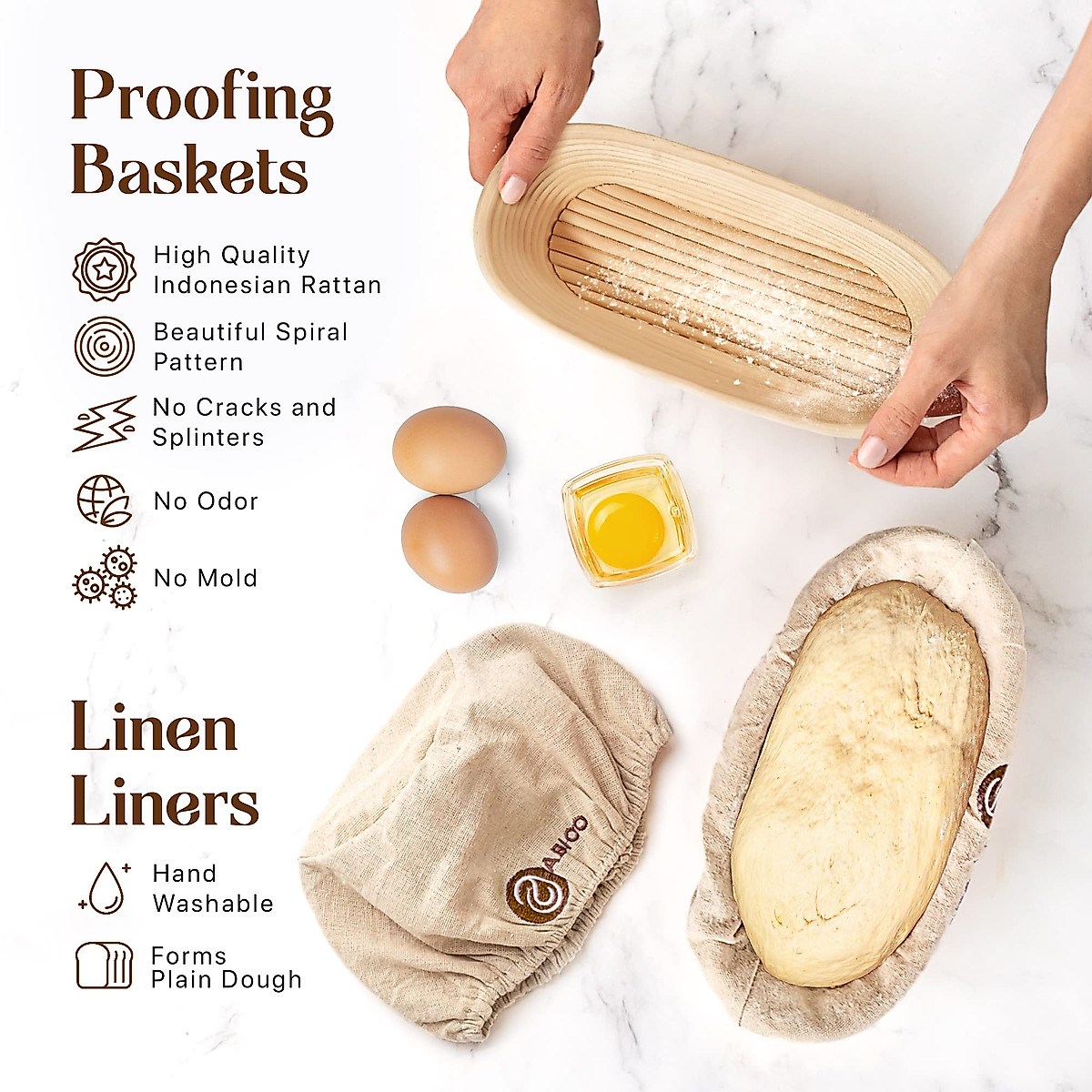 ABIOTO 2 10 Inch Oval Proofing Baskets for Sourdough Bread Baking & Supply, Includes All Necessary Bread Making Tool, Banneton Baskets, Bread Lame, Danish Whisk, Bowl & Dough Scrapers & Linen Liners