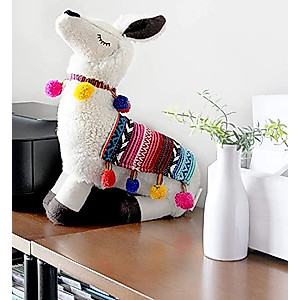 Decorae Plush Llama with Blanket and Pom-Poms, Stuffed Llama Shaped Decorative Pillow