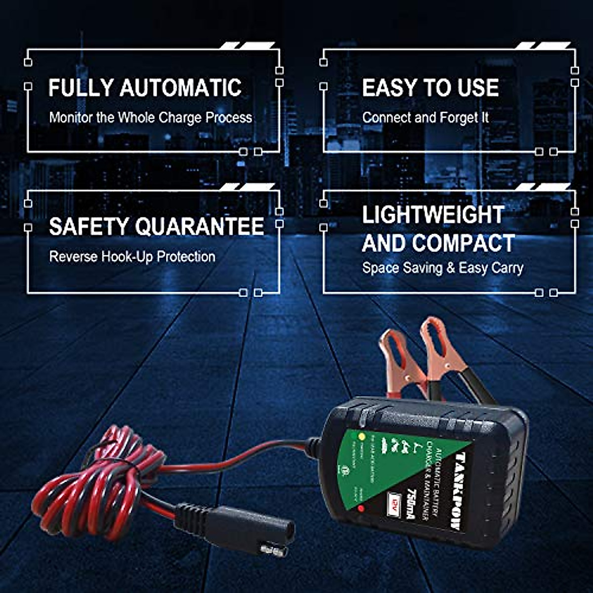 TANKPOW 750mA Battery Charger,12V Car Battery Charger,Float Charger,Trickle Charger and Battery Maintainer for Automotive,Car,Motorcycle,Lawn Mower,SLA AGM Gel Lead-Acid Batteries