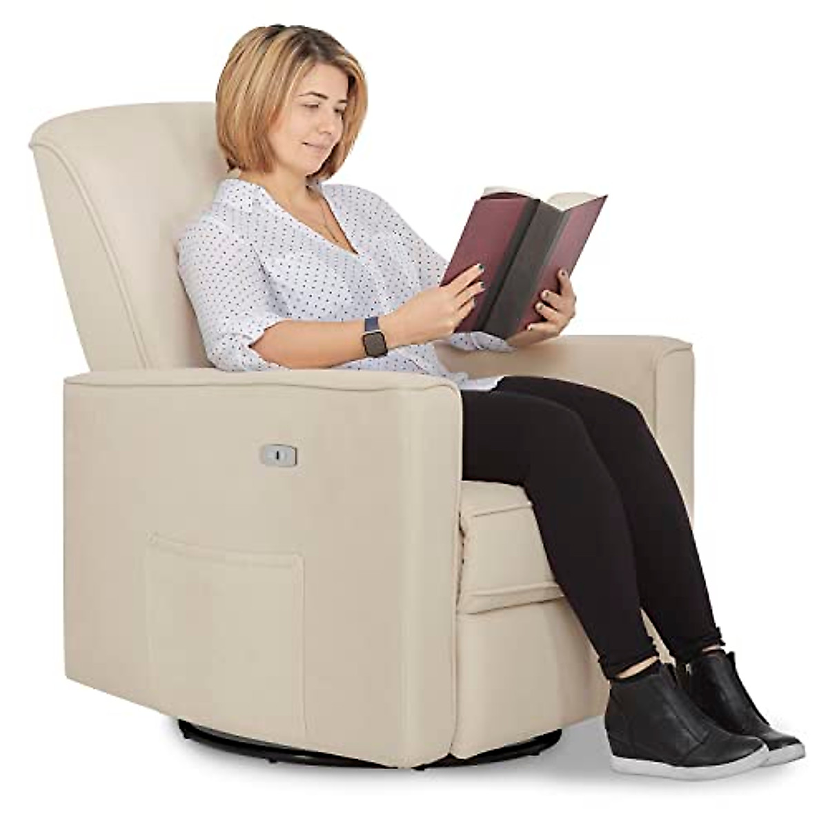 Evolur Harlow Deluxe Upholstered Plush Seating Glide Rocker, Swivel, Power Recliner with USB Port, Greenguard Gold Certified, Glider Chair for Nursery in Shell