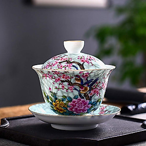 DOITOOL Ceramic Tea Cup Chinese Fu Tea Cup with Lids Hand- painted Tea Bowl Ceramic Tea Bowl Traditional Tea Ware (Flower Birds)