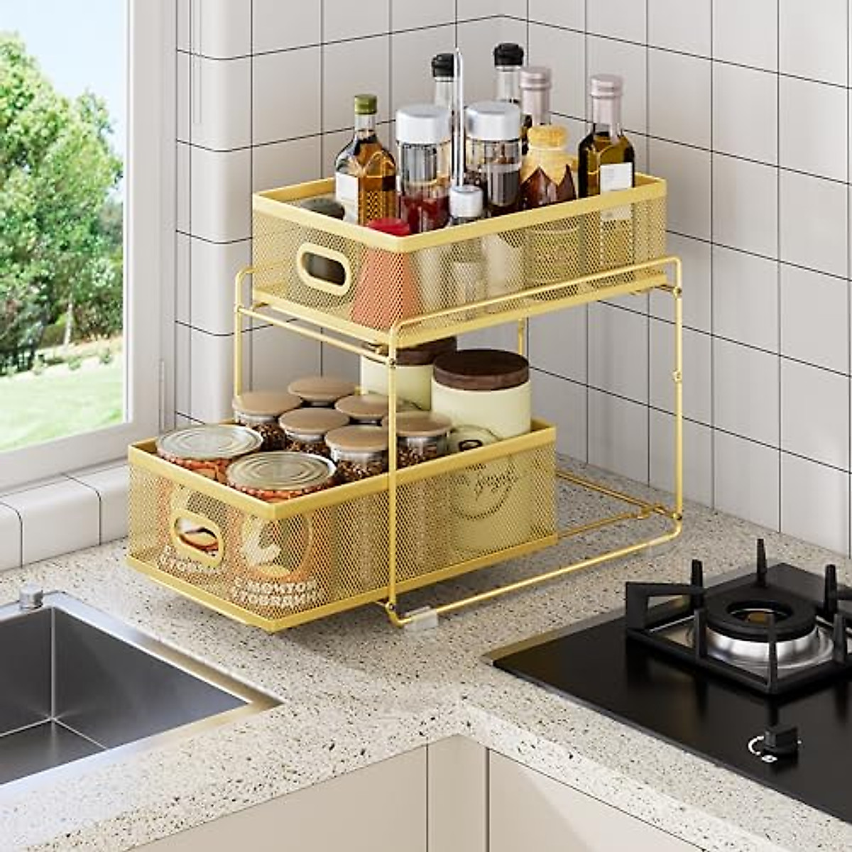 wkokos Under Sink Organizer Baskets with Mesh Pull Out Sliding Drawers for Cabinet, Kitchen, Bathroom, 2 Tier, Gold