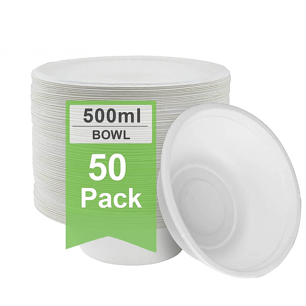 Go-Green 100% Compostable Disposable Bowls,Heavy Duty Paper Soup Bowl,Made of Sugarcane Fibers(17oz-500ml),50 pack