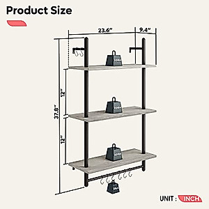 Bestier Floating Shelves, Storage Hanging Shelves for Wall Decor with Towel Bar and Hooks for Living Room Kitchen Coffee Bar, Grey