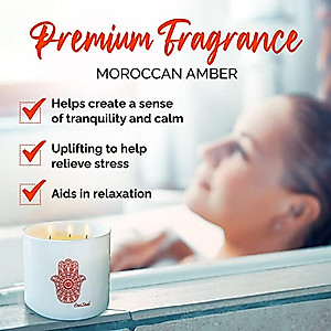 Moroccan Amber Scented Candles with 3 Wicks, Hand-Poured Aromatherapy Candle, Aesthetic Candles with Hamsa Design, Large Candle Made of Palm Wax, 50-Hour Burn Time, 14oz - OneSoul Collection