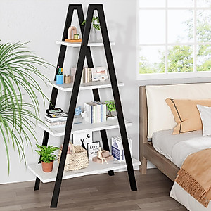 Recaceik 4-Tier Bookshelf, A-Shaped Bookcase Industrial Ladder Shelf Open Display Shelves with Metal Frame, Freestanding Plant Stand Book Shelf Open Storage Organizer for Living Room, Home Office