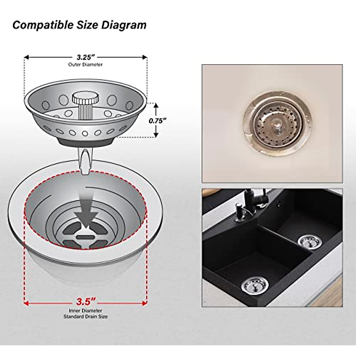 Highcraft FAUC97333-2 Kitchen Sink Basket Strainer Replacement for Standard Drains (3-1/2 Inch) Chrome Plated Stainless Steel Body With Rubber Stopper, Pack Of 2
