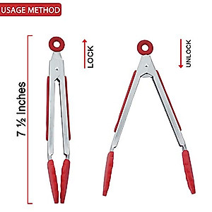HINMAY Small Tongs with Silicone Tips 7-Inch Mini Serving Tongs, Set of 3 (Red Blue Green)