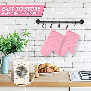 Heat Resistant Thick Cotton Oven Mitts Set, Soft Quilted Lining, Strong Grip Potholders for Hot Pans and Oven, Kitchen Mitt Pair Protect Hands, Cooking Baking BBQ Gloves, 11 Inch, Pink