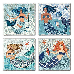 Thirstystone Mermaid Island Multi-Image Absorbent Stone Tumbled Tile Coaster 4 Pack with Protective Cork Backing Manufactured in The USA