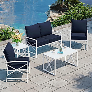 Shintenchi 5 Piece Outdoor Furniture Sets, White Metal Sofa Conversation Sets with Loveseat, Two Single Chairs and Two Coffee Tables for Backyard, Patio, Balcony, Poolside (Dark Blue)