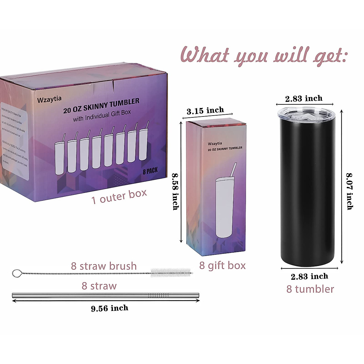 Wzaytia 20 Oz Stainless Steel Straight Skinny Tumbler Set (8 Pack), Insulated Slim Thin Travel Cup with Lid, Black