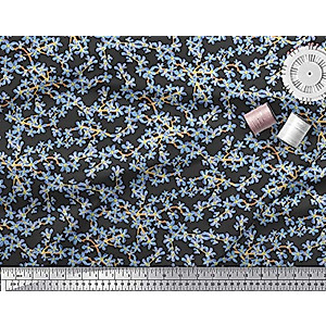 Soimoi Black Cotton Canvas Fabric Forget Me Not Bush Floral Print Fabric by The Yard 58 Inch Wide