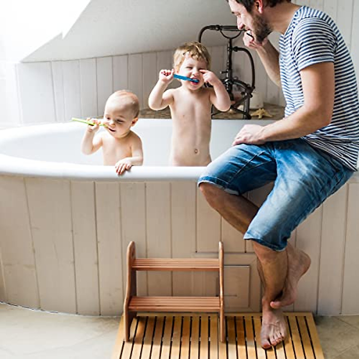 OasisCraft Step Stool for Adults, Bamboo Two Step Stool with Handle Stepping Stool Potty Training Stool Wooden Toddler Shower Stool for Kids, Senior, Kitchen, Bathroom, Bedside, Support 350LB