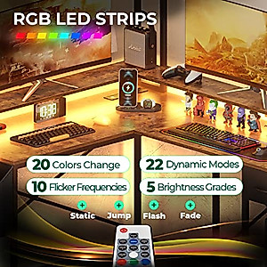 Huuger L Shaped Desk Computer Desk with LED Lights & Power Outlets and SUPERJARE Nightstand with Charging Station