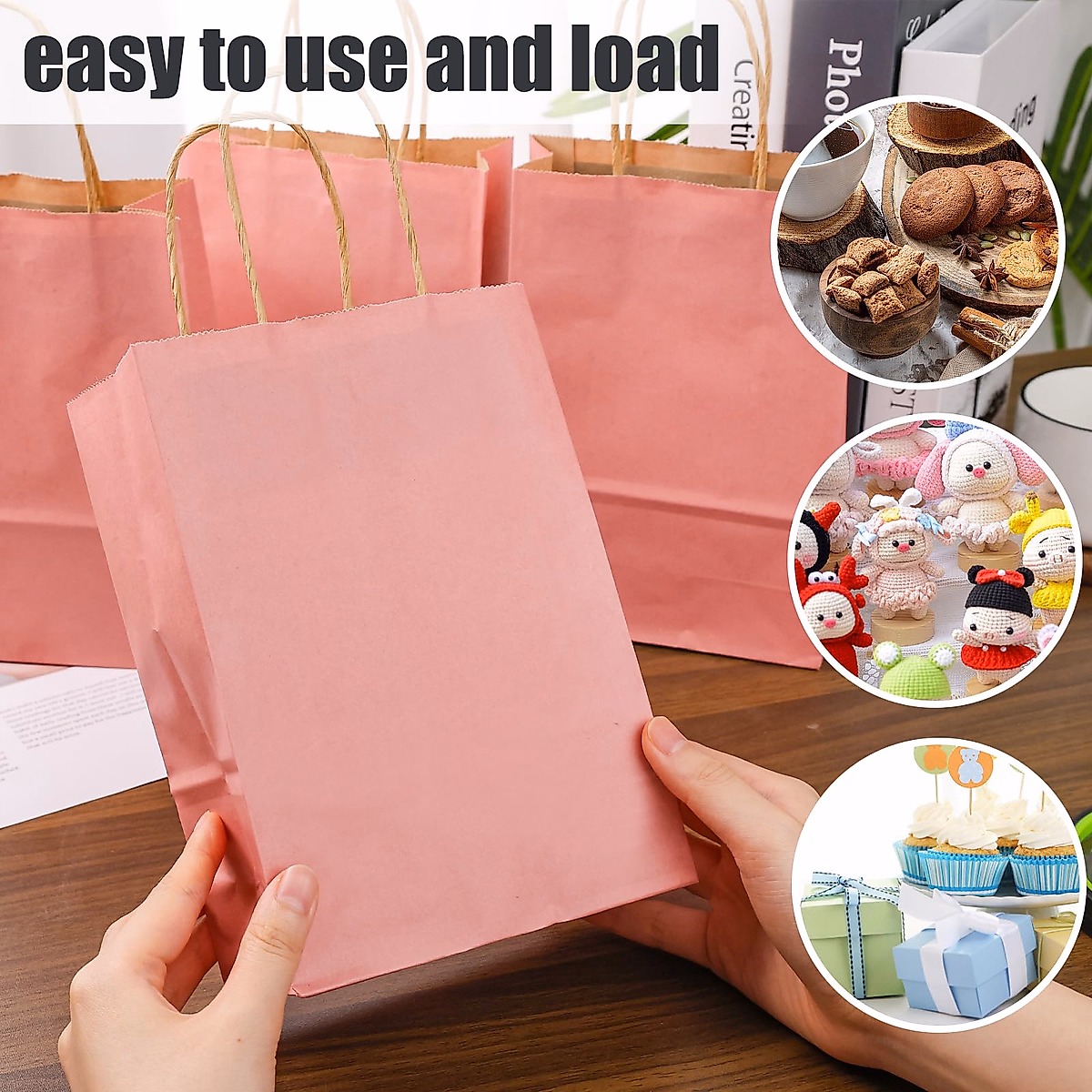 JOHOUSE 32PCS Pink Paper Bags with Handle, Party Favor Bags Gift Bags with Handles for Proposal Girl Birthday Goodie Bags 5.5" x 2.8" x 7.9"