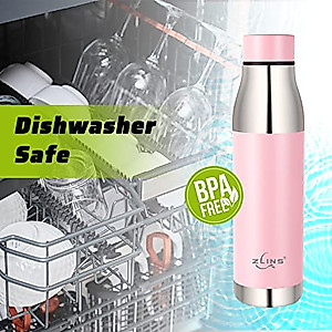 ZLINS Stainless Steel Vacuum Insulated 22oz Water Bottle Leak-Proof - Reusable Double Walled Metal Thermos - Sports Flask Great for Travel, Hiking, Camping(Pink)