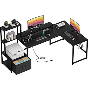 GreenForest 70" L Shaped Desk with Power Outlets & Printer Shelf,Reversible Computer Desk with Drawer & Monitor Stand,Home Office Gaming Desk with Storage Space,Black