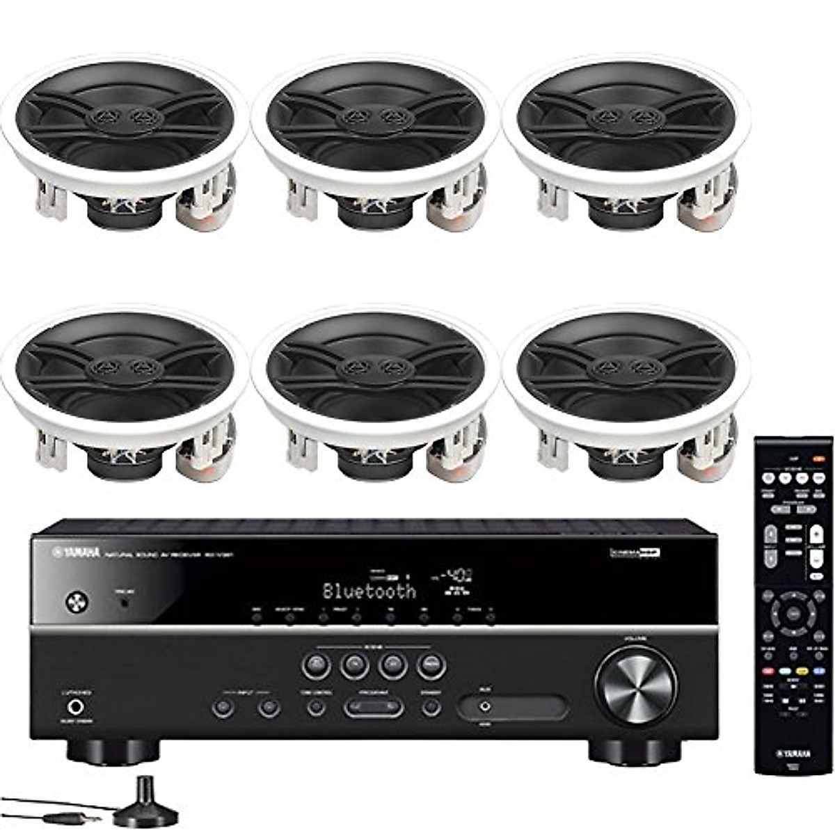 Yamaha 5.1-Channel Wireless Bluetooth 4K A/V Home Theater Receiver + Yamaha Custom Install 3-Way 100 watts Speaker with Dual Tweeters & 6-1/2" Woofer Surround Sound Home Theater Speaker Package