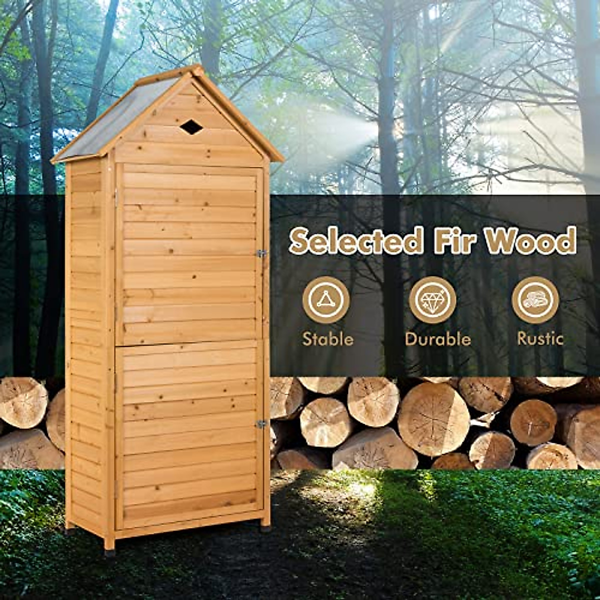 Goplus Wooden Storage Shed, Outdoor Storage Cabinet with 4 Shelves and Pitched Galvanized Sheet Roof, Lockable Garden Shed, Outside Tool Shed for Patio Yard Lawn