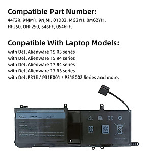 YXKC 44T2R 9NJM1 Laptop Battery Replacement for Dell Alienware 17 R4 R5 15 R3 R4, P31E P69F P31E001 P31E002 P69F001 P69F002 Series 01D82 546FF 0546FF HF250 0HF250 0MG2YH 15.2V 68Wh 4410mAh