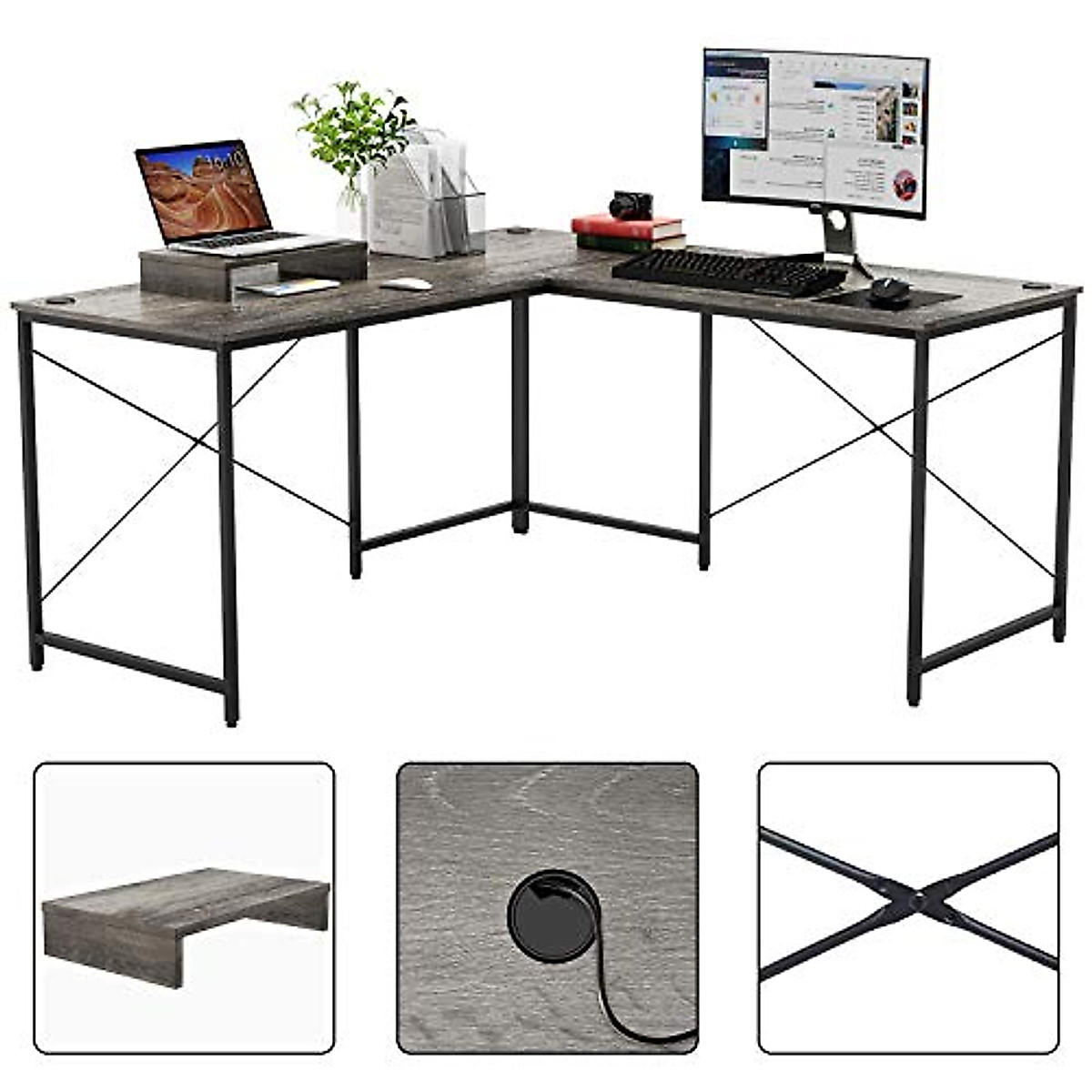 Bestier L Shaped Desk 95.2 Inch 2 Person Long Desk or Reversible Corner Computer Desk for Home Office Large Craft Table U Shaped Gaming Workstation with Monitor Stand & 3 Cable Holes, Gray
