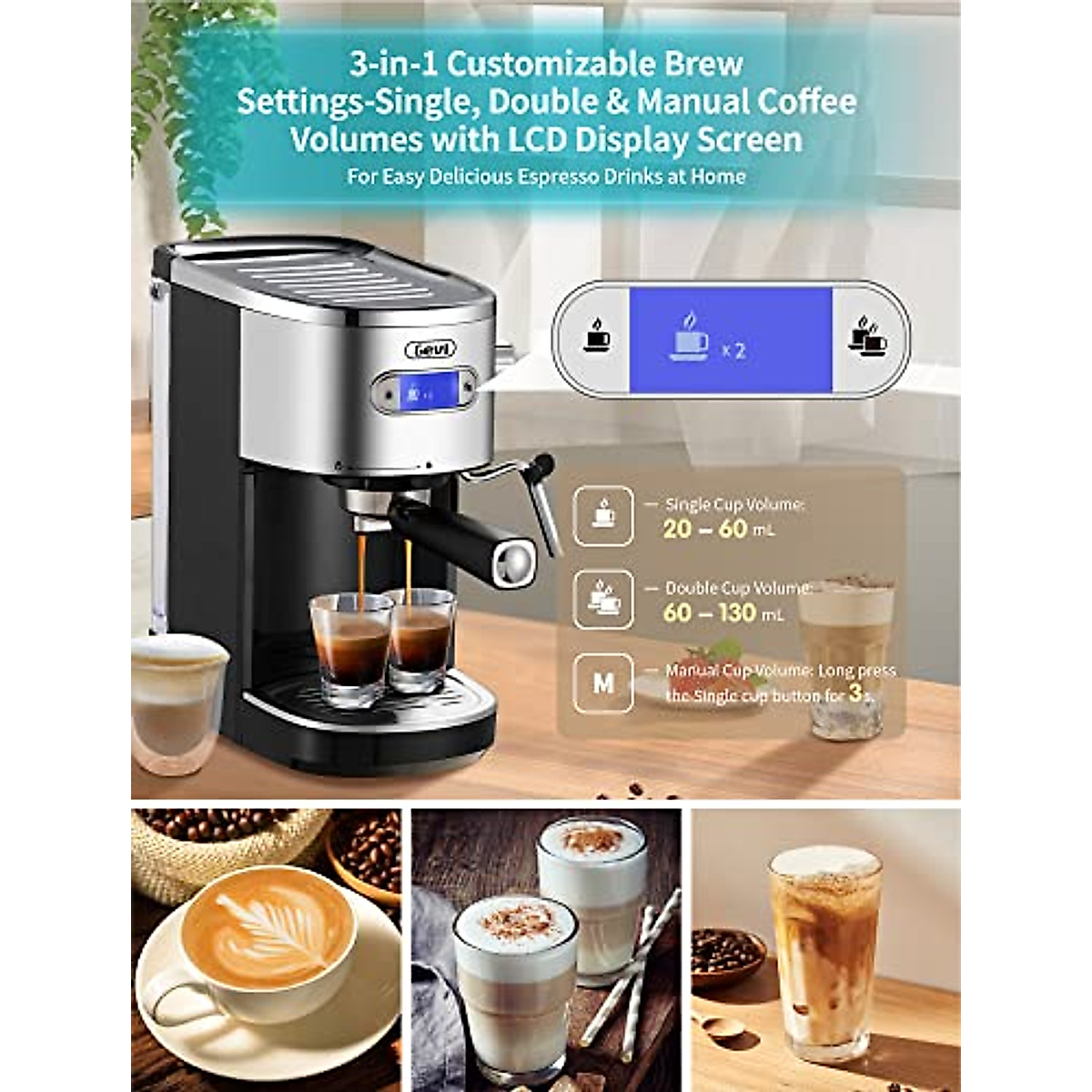 Gevi Espresso Machines 20 Bar Fast Heating Automatic Cappuccino Coffee Maker with Foaming Milk Frother Wand for Espresso, 1.2L Removable Water Tank, Double Temperature Control System 1350W, Black