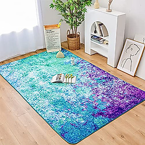 Aimuan Unique Modern & Vibrant Abstract Area Rug for Any Home Décor, 5 ft x8 ft Blue/Purple Faux Fur Flannel Soft Carpet with Retro Artwork Watercolor Patterns Velvet Mats (Green-Purple, 5’x8’)