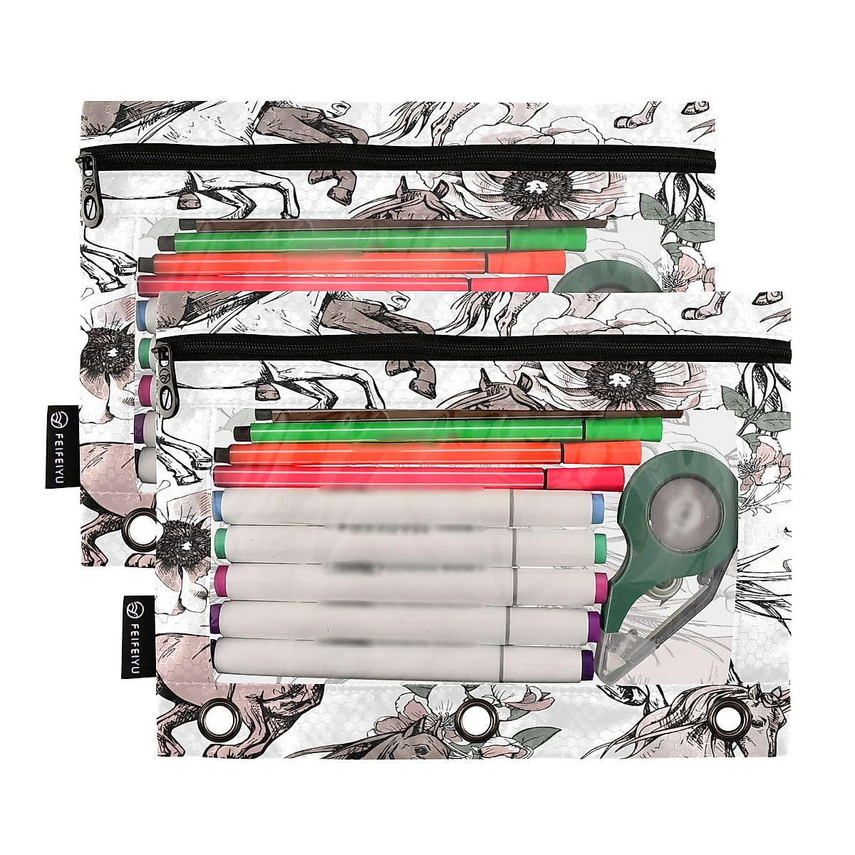 Haskirky Standard 3 Ring Zipper Clear Window Binder Pocket 2 PCS-7×9In,Beautiful Horses and Anemone Flowers Watersafe Large Capacity Office Travel Daily Assistant