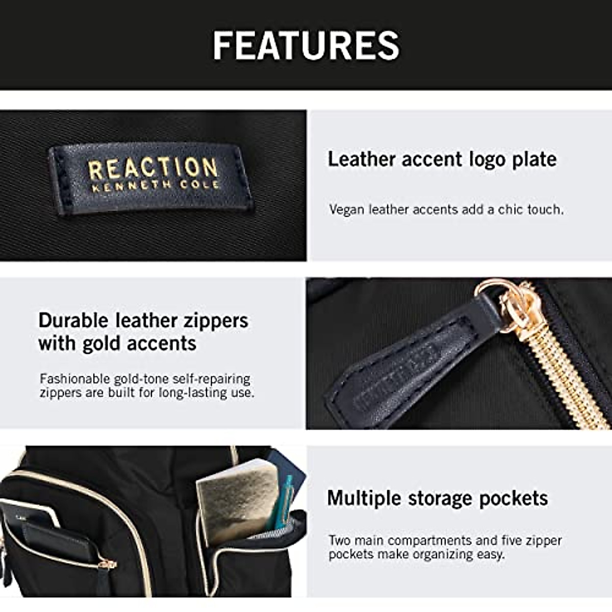 Kenneth Cole REACTION Women's Sophie Backpack Silky Nylon Laptop & Tablet RFID Bookbag, Black, One Size