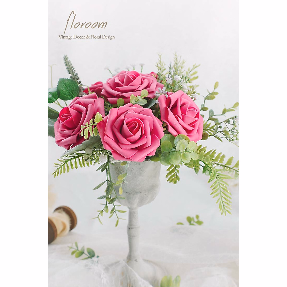 Floroom Artificial Flowers 50pcs Real Looking Hot Pink Foam Fake Roses with Stems for DIY Wedding Bouquets Baby Shower Centerpieces Floral Arrangements Party Tables Home Decorations