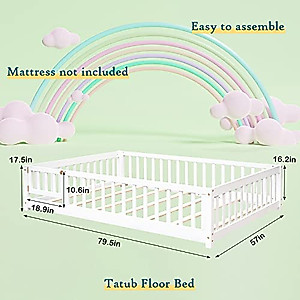 Tatub Full Size Floor Bed with Safety Guardrails, Door and Slats, Montessori Floor Bed Frame, Wood Montessori Floor Bed for Kids, Girls and Boys, Full-White
