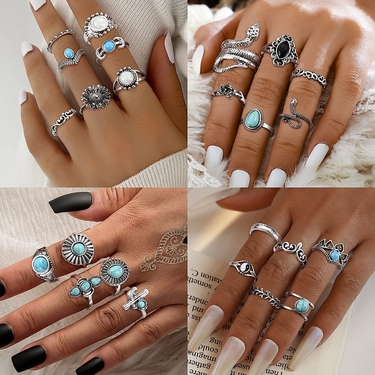 JOERICA 75 Pcs Vintage Turquoise Rings for Women Silver Knuckle Rings Bohemian Oval Gemstone Rings Western Rings Stackable Joint Finger Rings Midi Stacking Rings Set